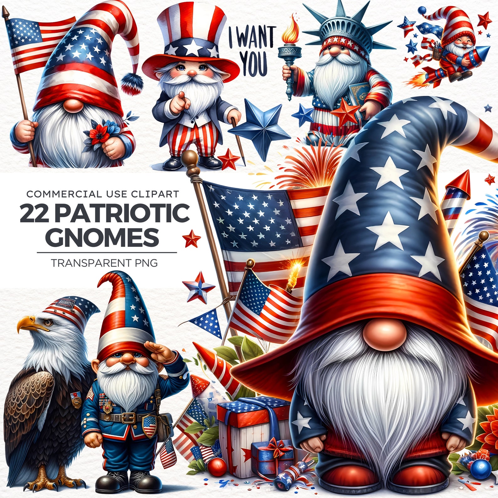 Patriotic Gnome Clipart PNG Bundle 22 American Pride PNG, 4th of July ...