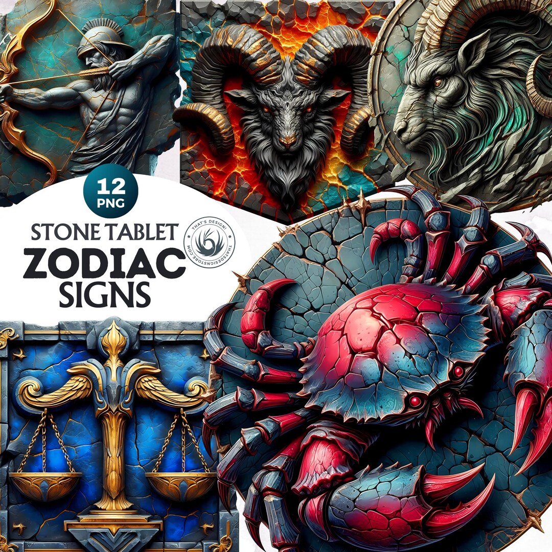 Stone Tablet Zodiac Signs Clipart: Fantasy Astrology Symbols (PNG ...