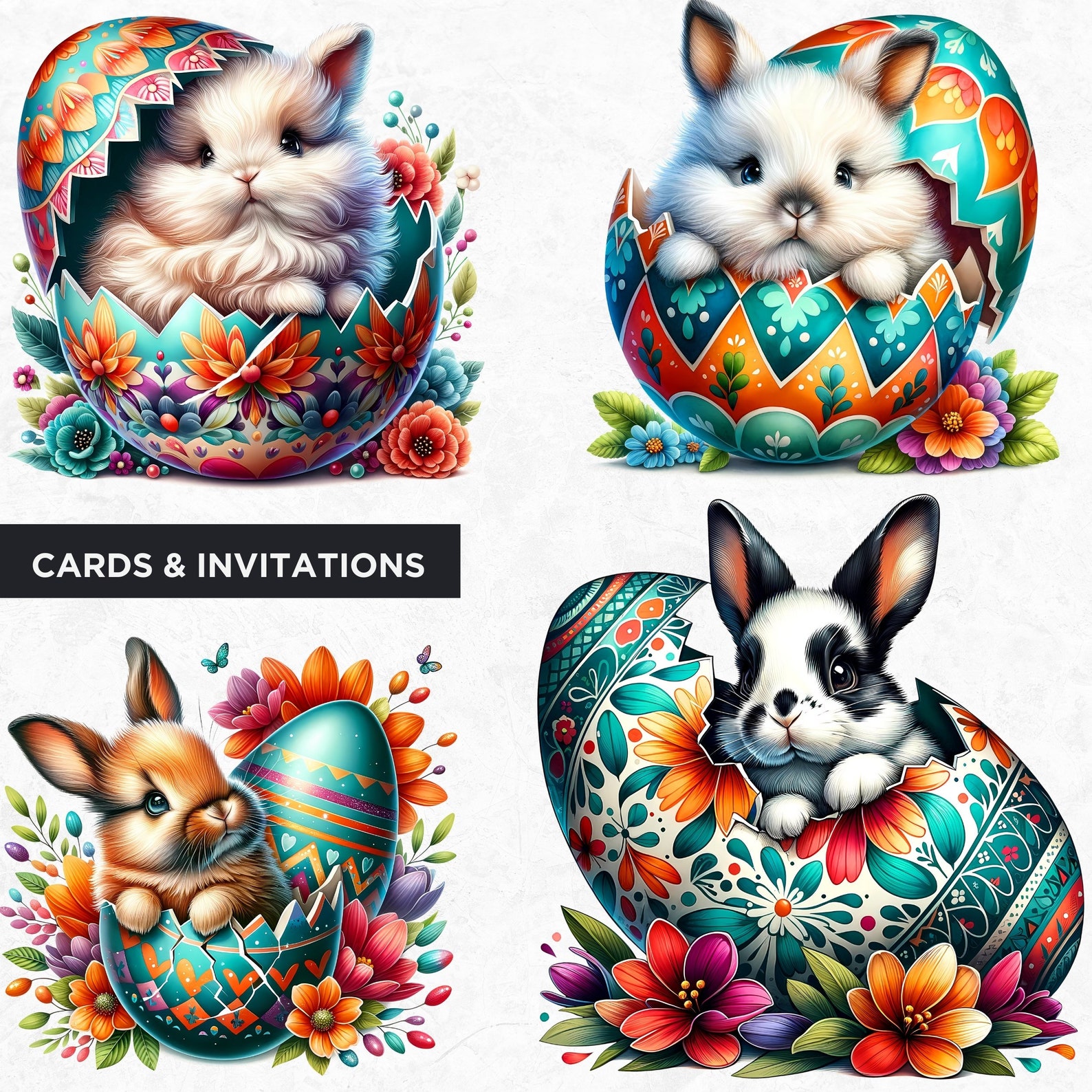 Easter Bunny in Egg Clipart Bundle, Rabbit Clipart, Spring PNG, Easter ...