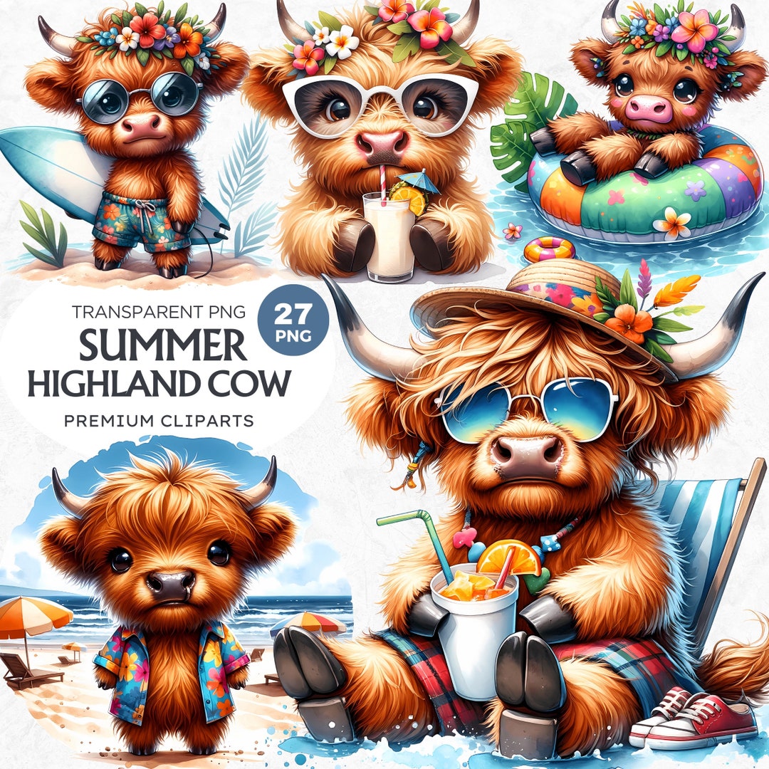 Summer Highland Cow Clipart: Watercolor Beach Calf PNG (digital ...