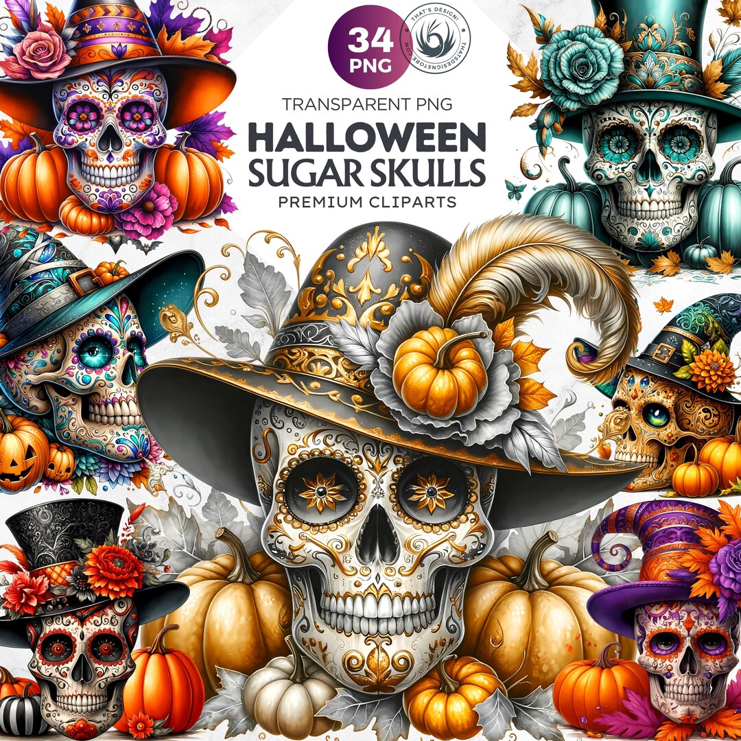 34 Halloween Sugar Skull Clipart: Día De Los Muertos PNG (digital ...