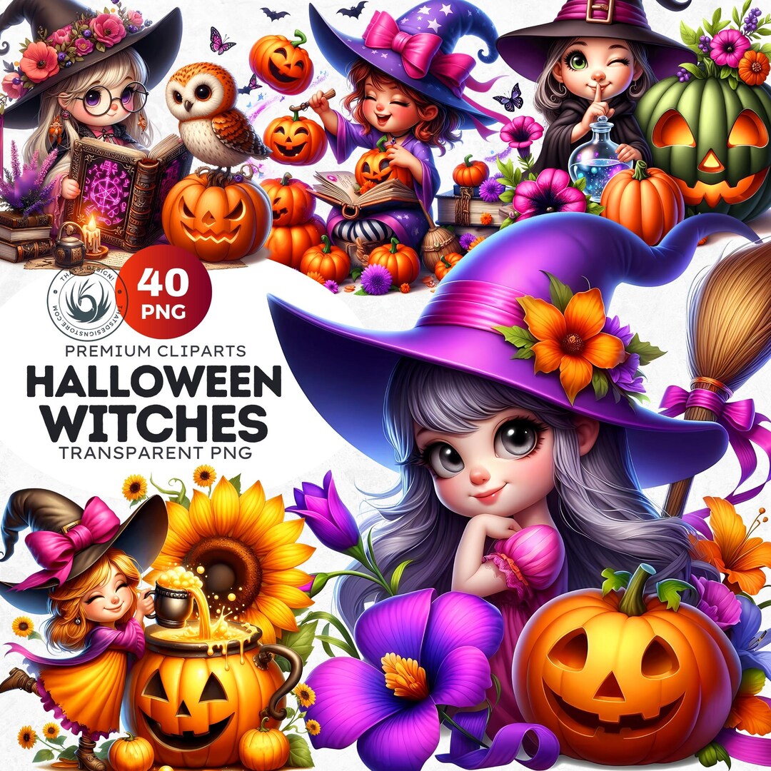 Playful Witch Clipart PNG Set, Cute Halloween Witch, Kawaii Spooky ...