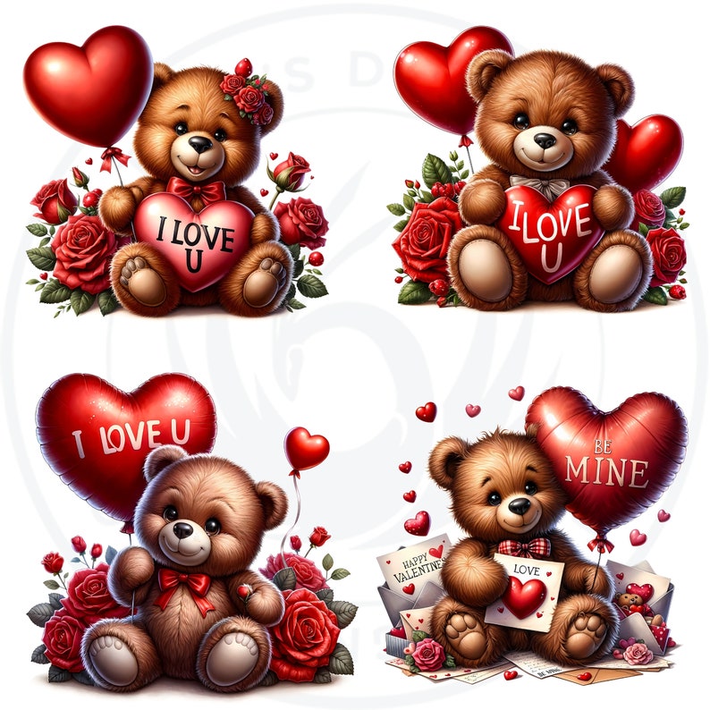 Watercolor Valentines Teddy Bear Clipart Valentines Day - Etsy