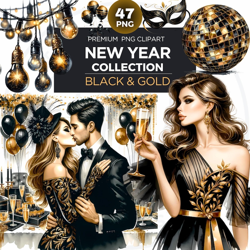 New Year Clipart Black Gold - Etsy