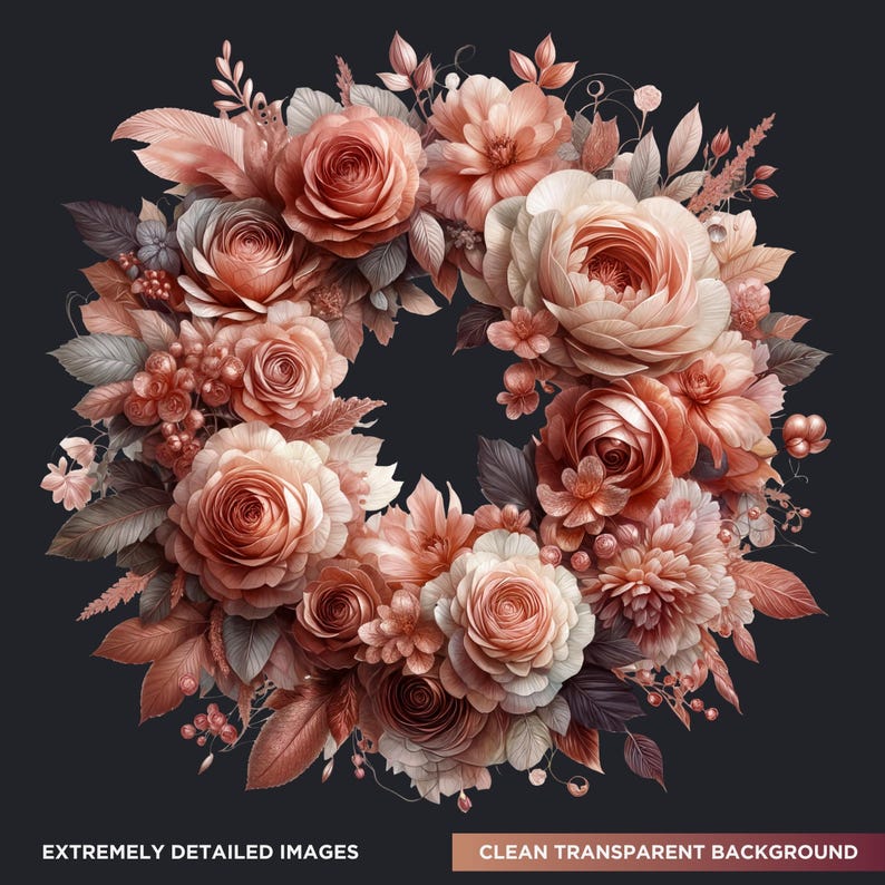 Rose Gold Floral Wreaths Clipart: Elegant Wedding Invitation Graphics ...