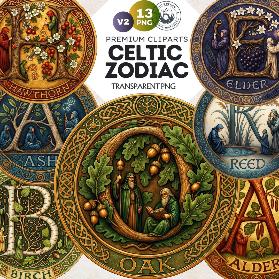 Round Celtic Zodiac Signs Clipart PNG Set V2, Irish Mythology ...