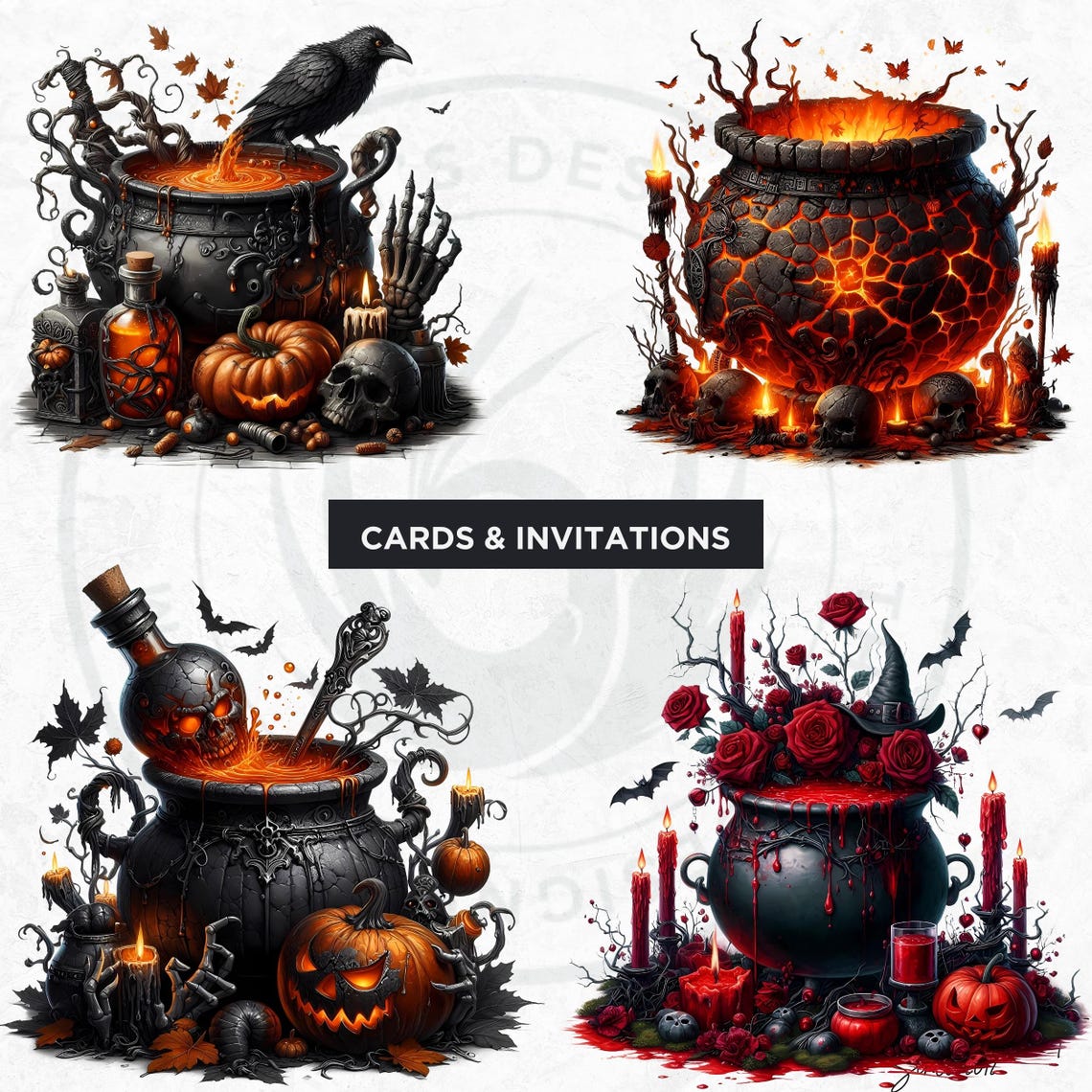 Gothic Halloween Witch Cauldron Clipart Set: Raven, Pumpkin (PNG ...