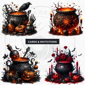 Gothic Halloween Witch Cauldron Clipart Set: Raven, Pumpkin (PNG ...