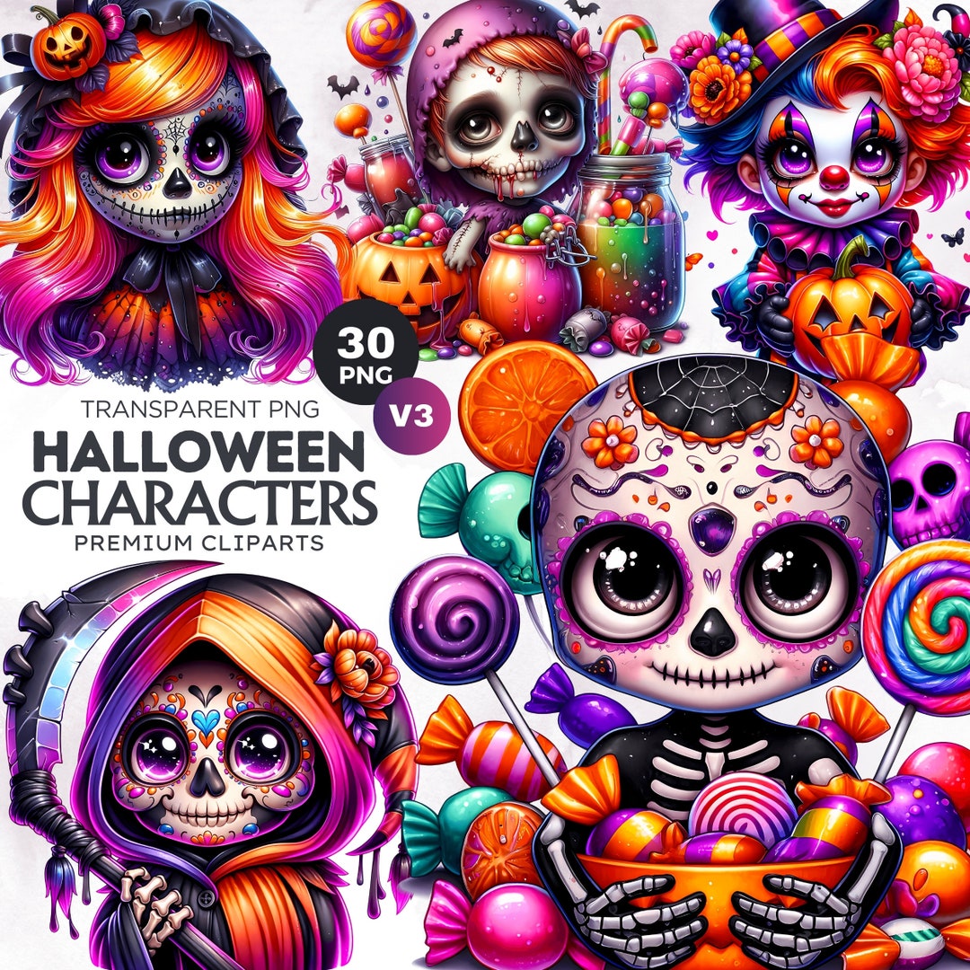 30 Vibrant Halloween Characters Clipart V3, Cute Halloween Png ...