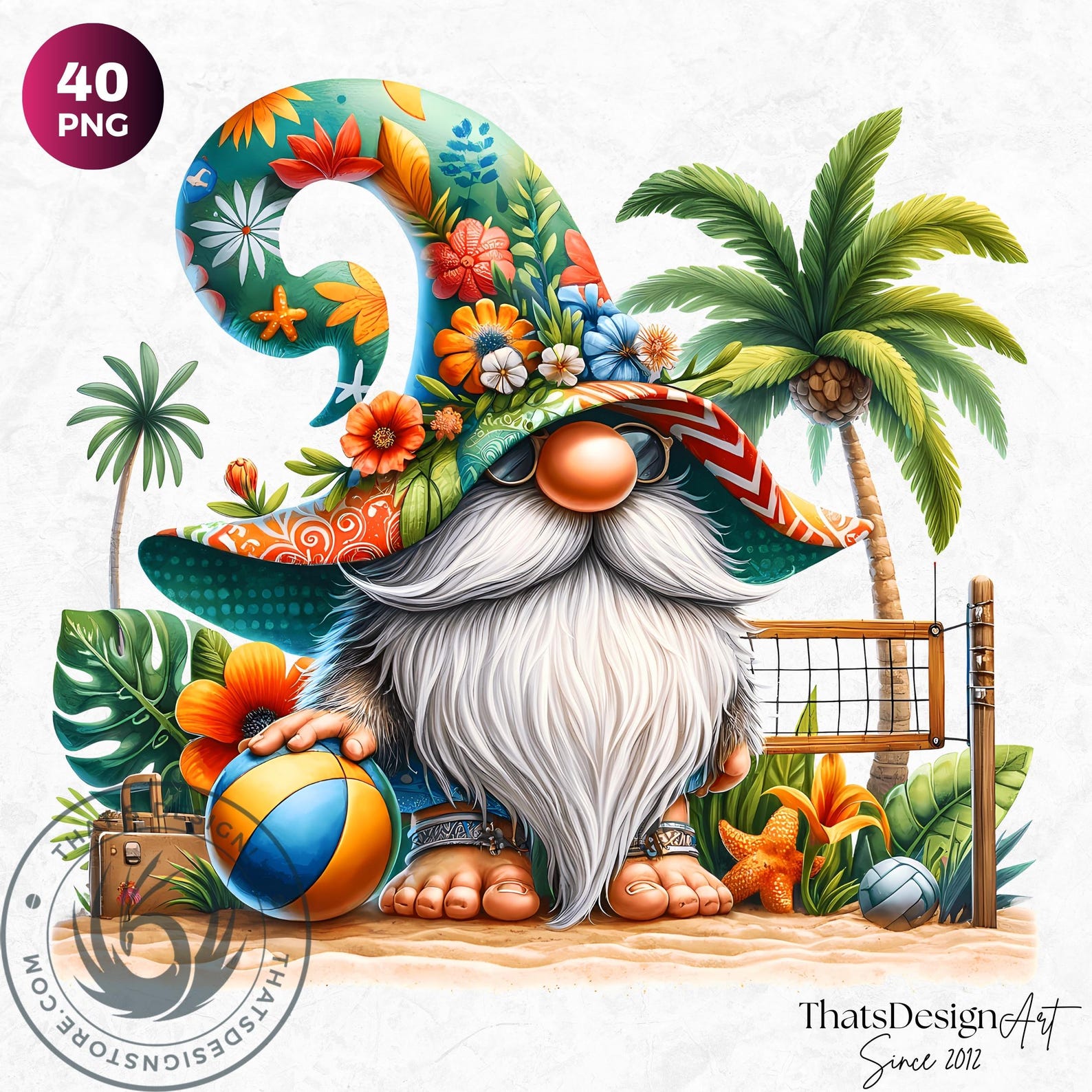 Summer Beach Gnome Clipart Bundle: Tropical PNG Graphics (commercial ...