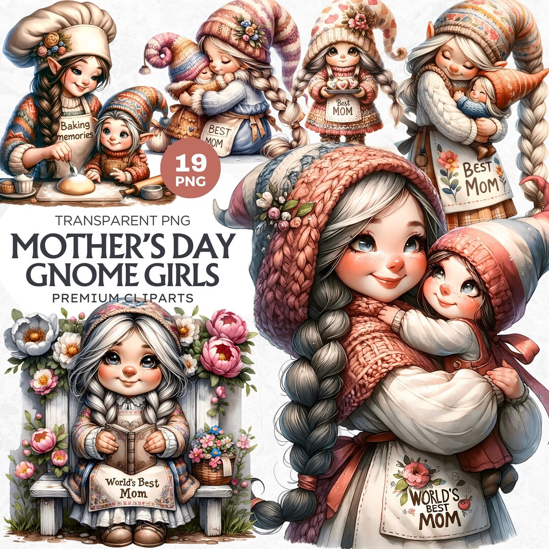 Watercolor Mother's Day Gnome Clipart: Mom & Child (PNG) - Etsy