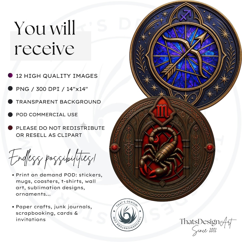 Gothic Stained Glass Zodiac Signs Clipart: Fantasy Astrology (PNG Set ...