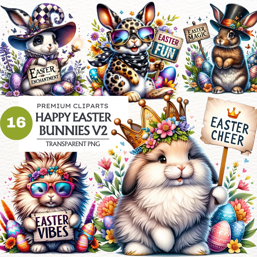 Easter Bunny Clipart Bundle, 16 Happy Easter Clipart, Easter Graphics ...