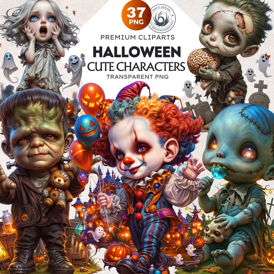 Scary Halloween Cute Characters Clipart Set V4 Featuring Haunted Clown ...