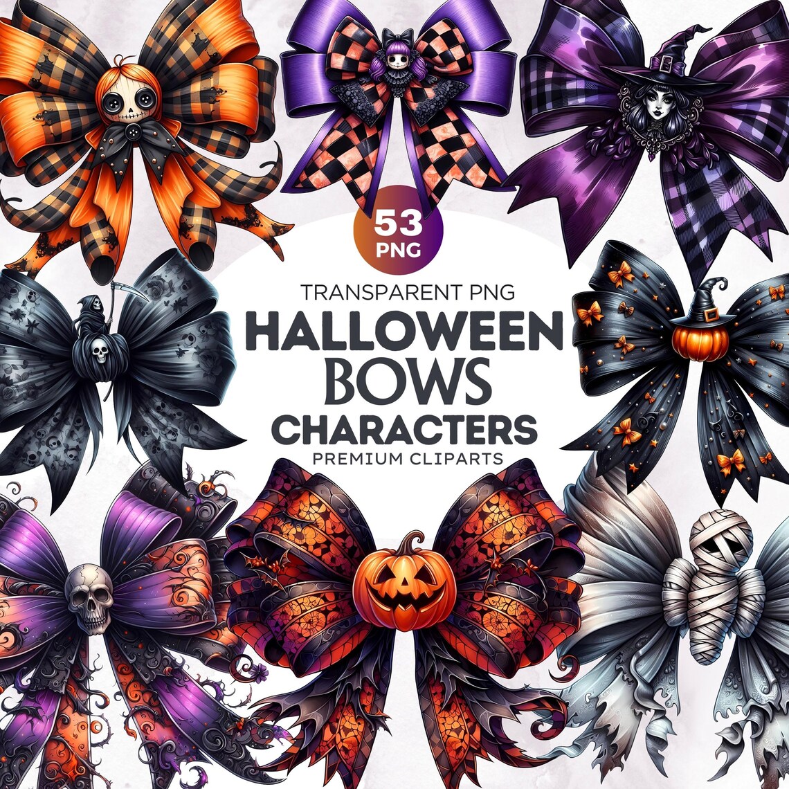 Gothic Halloween Bow Clipart Set: Spooky Characters (PNG Digital ...