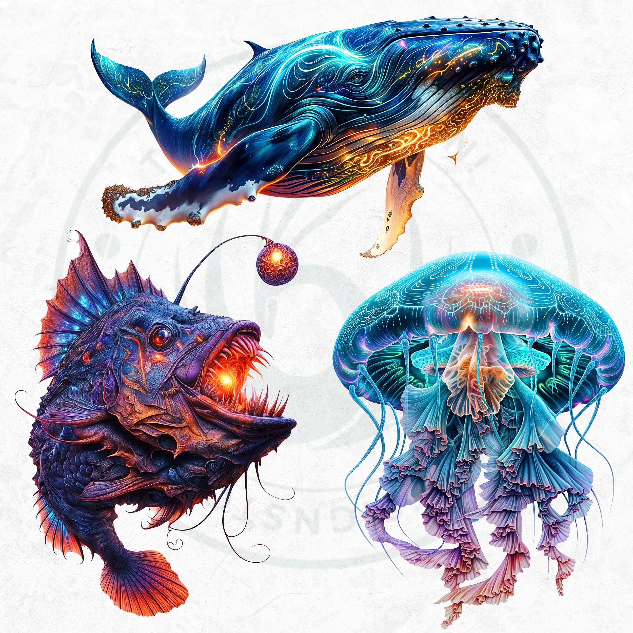 Bioluminescent Sea Animal Cliparts: Glowing Marine Life PNG (digital ...