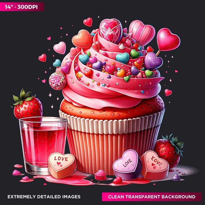 Valentine Cupcake Clipart Set: Pink Love Sweets (PNG, Commercial Use ...