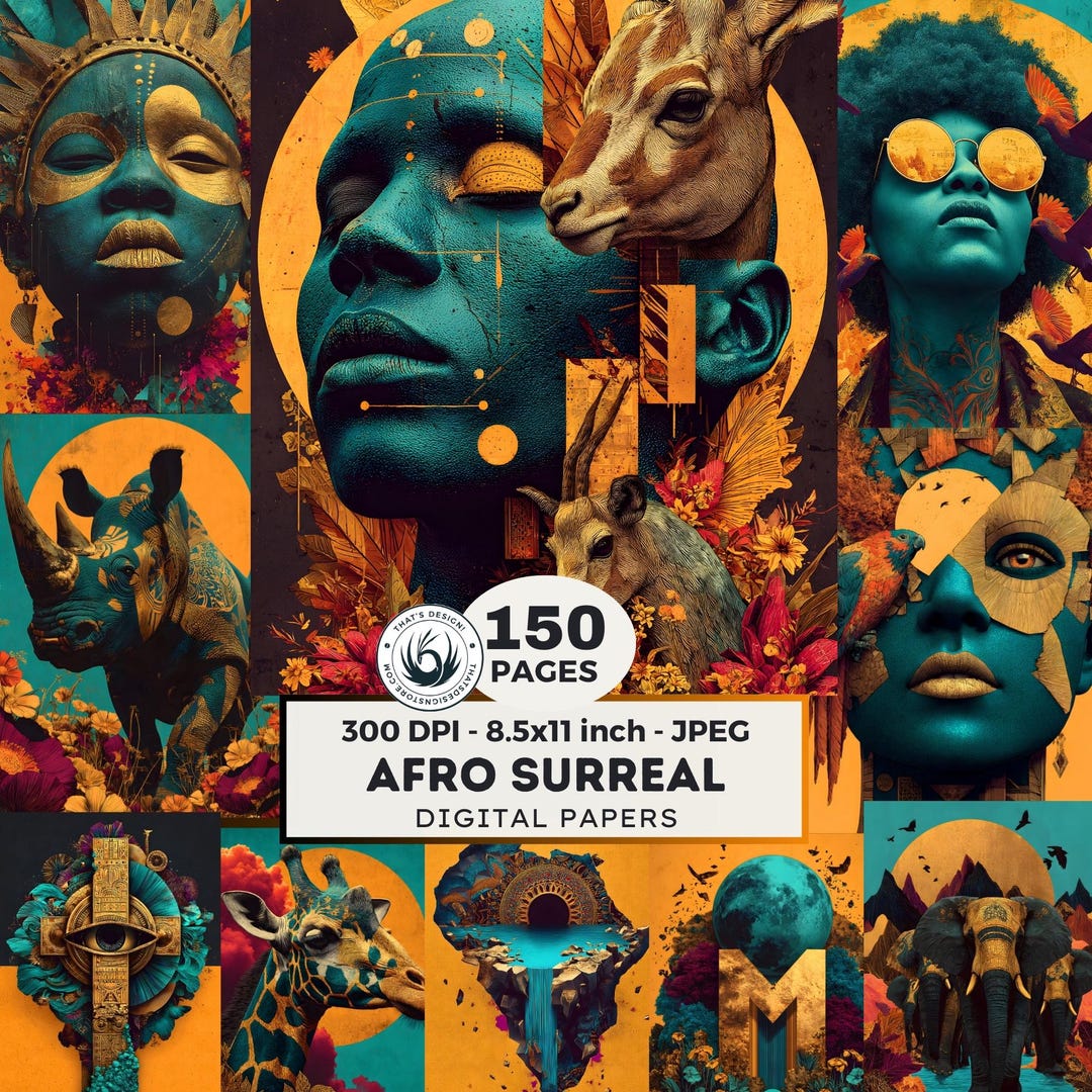 Afro Surreal Digital Papers: African Junk Journal Pages, Gold Teal ...