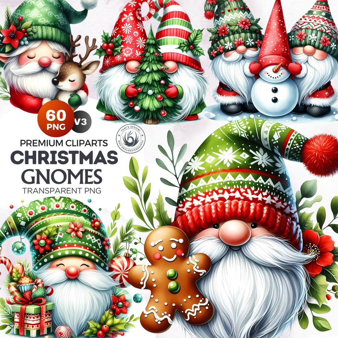 Watercolor Christmas Gnomes Clipart Set: Santa Hat, Red & Green Winter ...