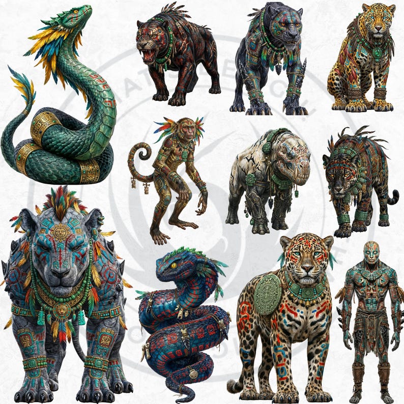 Mayan Mythic Gods Beasts Clipart Bundle: Mesoamerican Monsters, Ancient ...