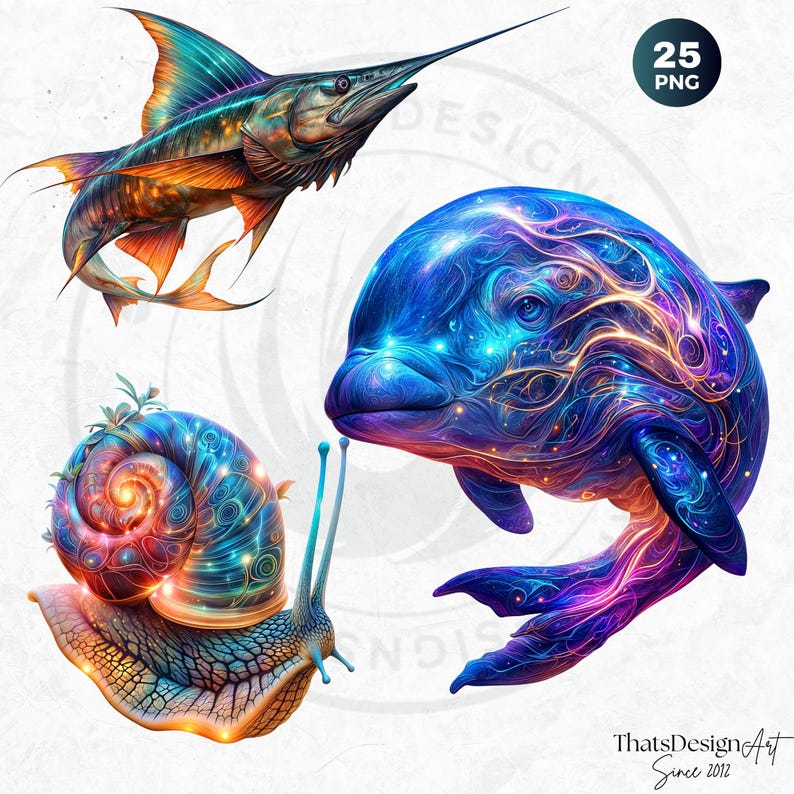 Bioluminescent Sea Animal Cliparts: Glowing Marine Life PNG (digital ...
