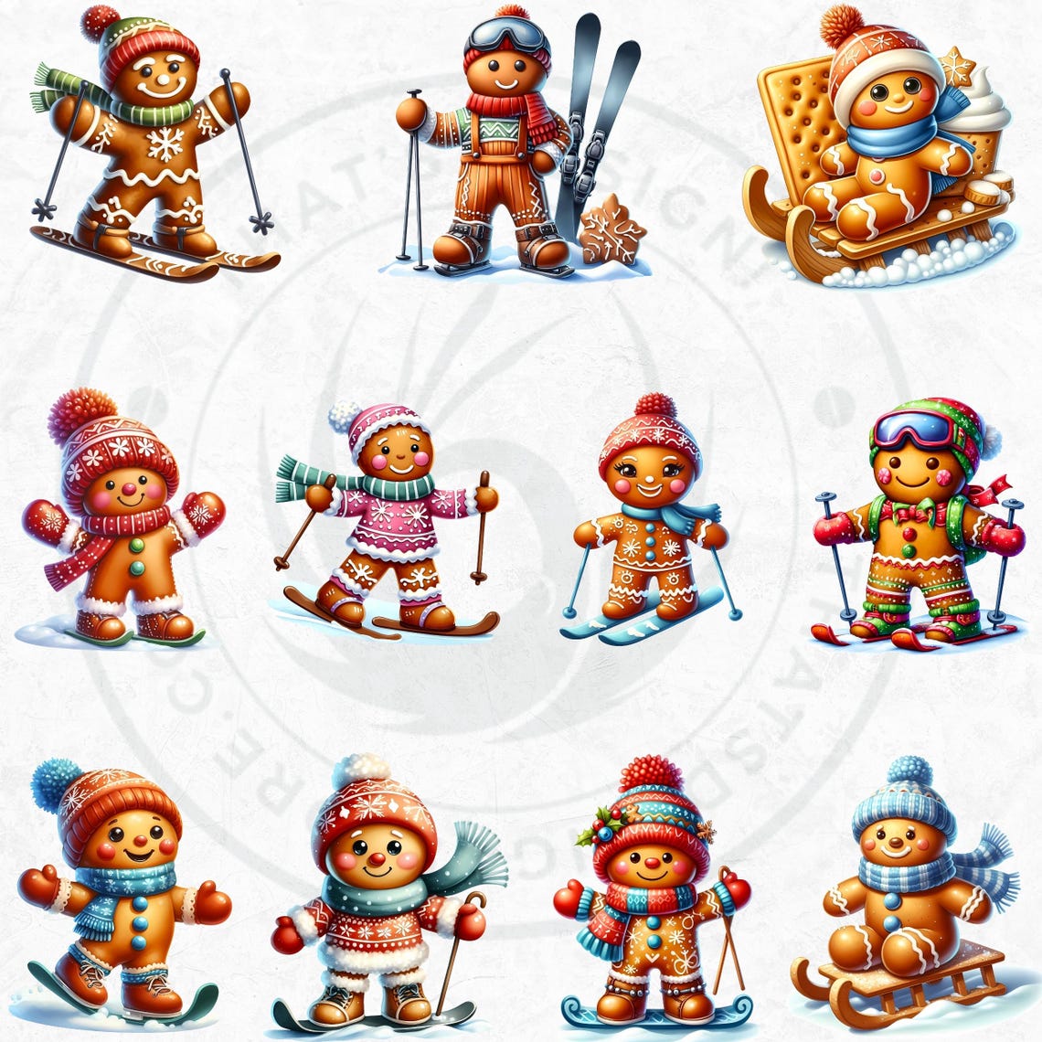 Gingerbread Man Winter Sports Clipart: Skiing & Snowboarding (53 PNG ...
