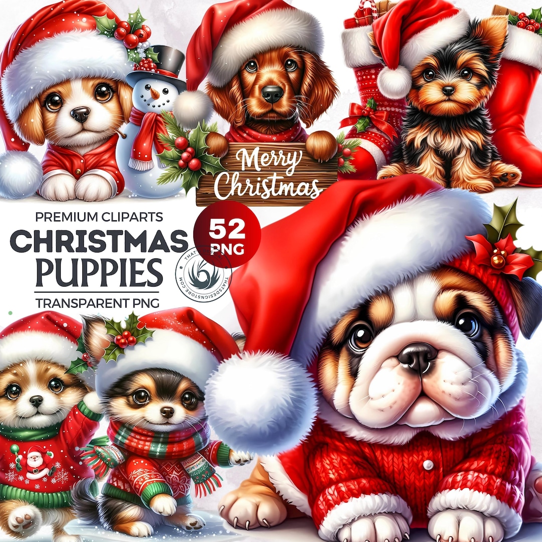 Christmas Puppies Clipart Set: Santa Hats, Dog Breeds (PNG Digital ...