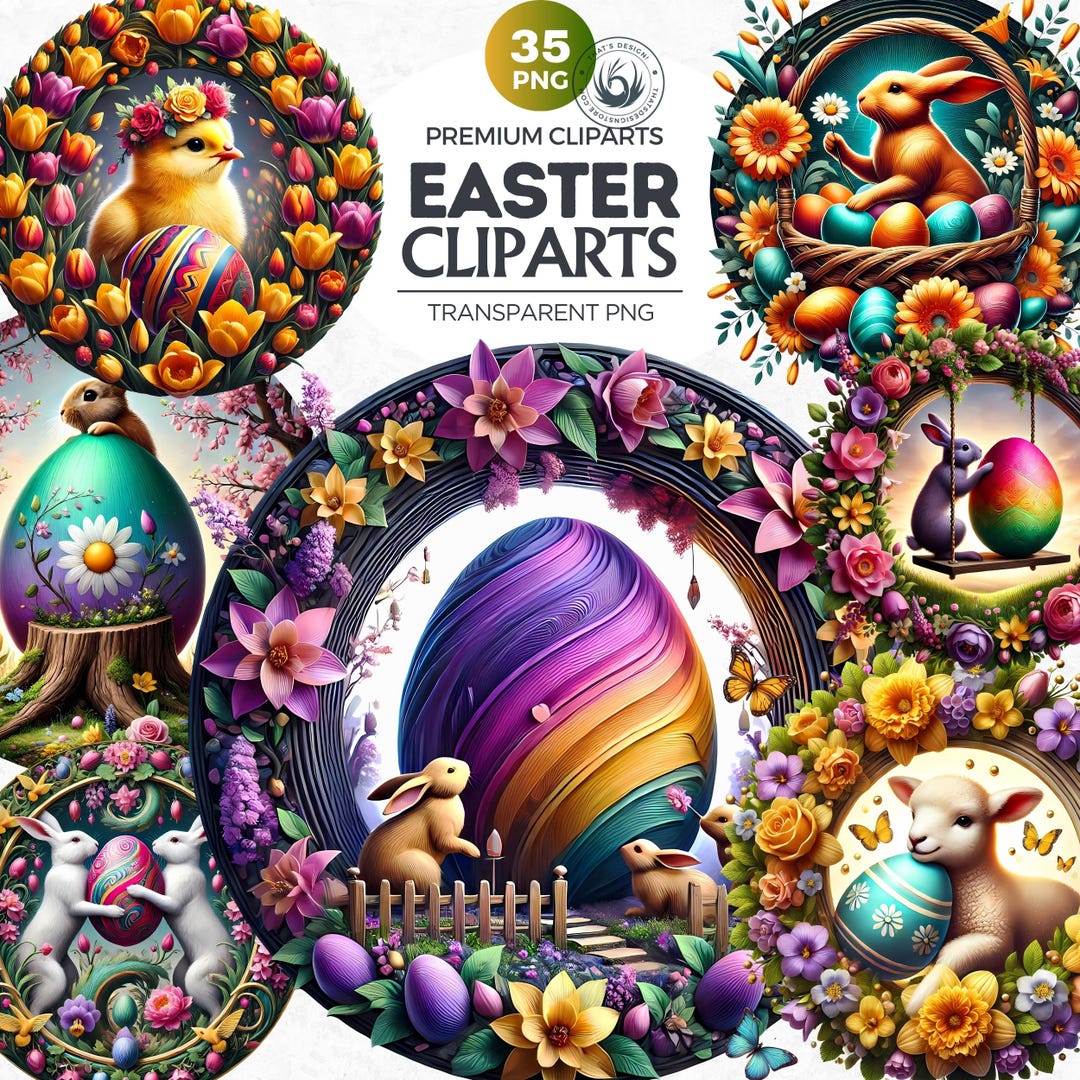 Easter Clipart Bundle: Bunny, Eggs, Floral PNG Graphics (digital ...