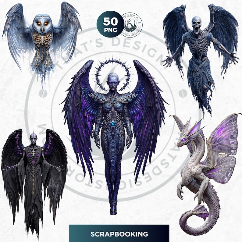 Gothic Dark Fantasy Creatures Clipart Set: Winged Angels, Demons ...