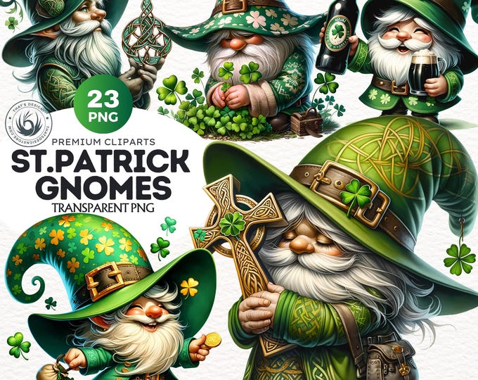 St. Patrick's Day Gnome Clipart, Watercolor Saint Patricks Gnomes ...