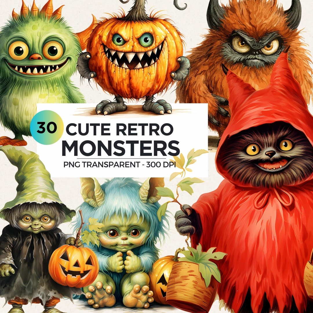Cute Halloween Retro Monsters Clipart PNG, Vintage Halloween Png, Kids ...