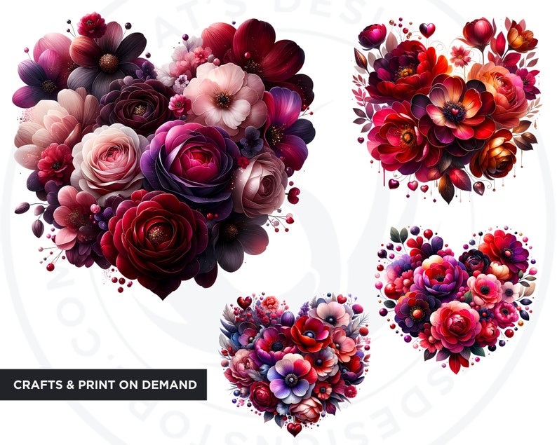 Watercolor Valentine's Heart Floral Wreath Clipart (PNG Digital ...