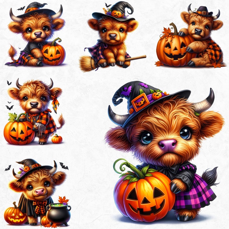 Halloween Highland Cow Clipart Set: Witch PNG, Kids Designs (digital ...