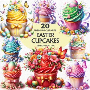 20 Easter Cupcake Clipart PNG Bundle, Floral Easter Illustrations Clip ...