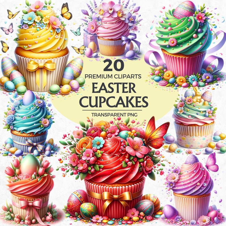 Easter Cupcake Clipart PNG Bundle: Floral Spring Illustrations (digital ...