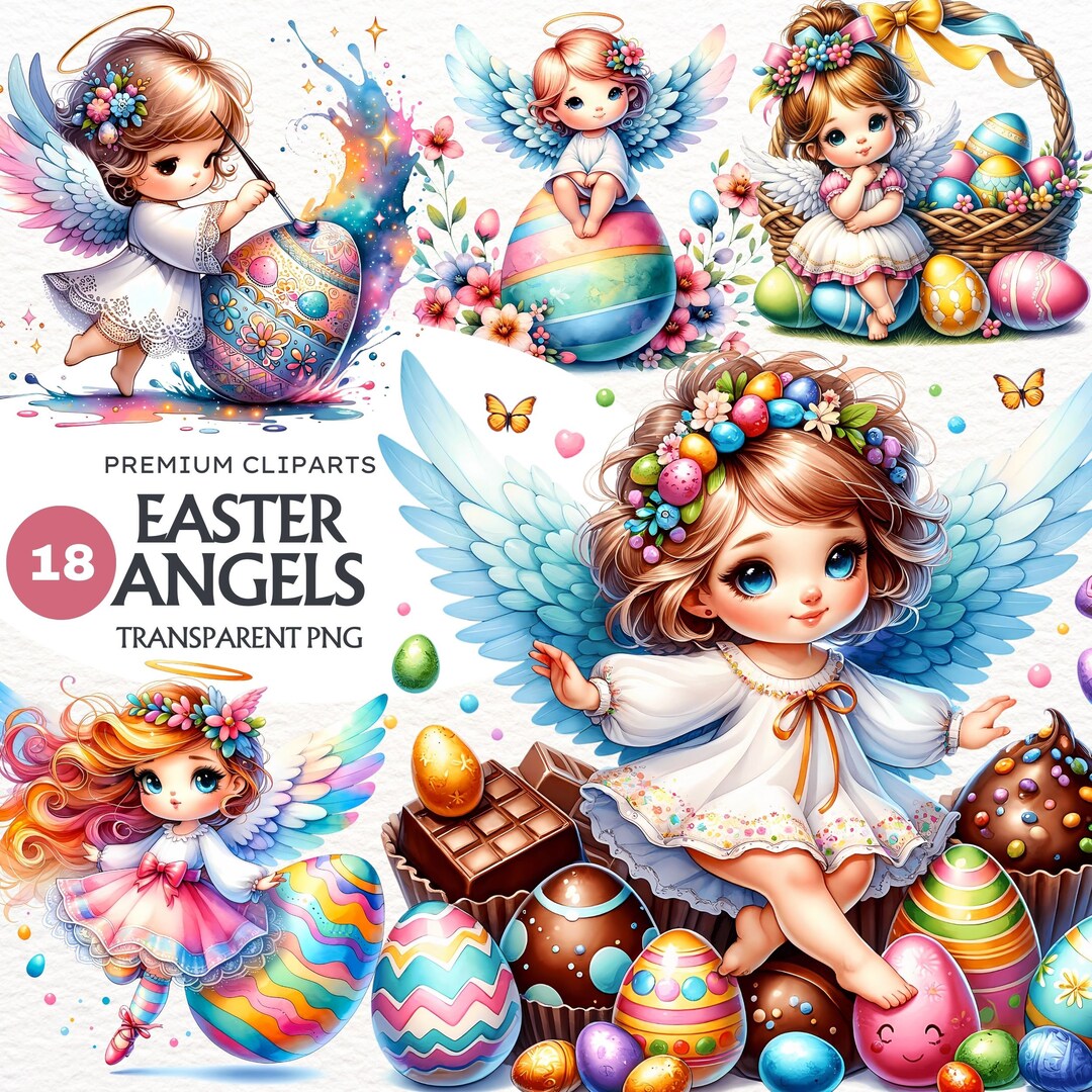 Cute Angel Easter Clipart Bundle, Angels PNG, Spring PNG, Easter Eggs ...