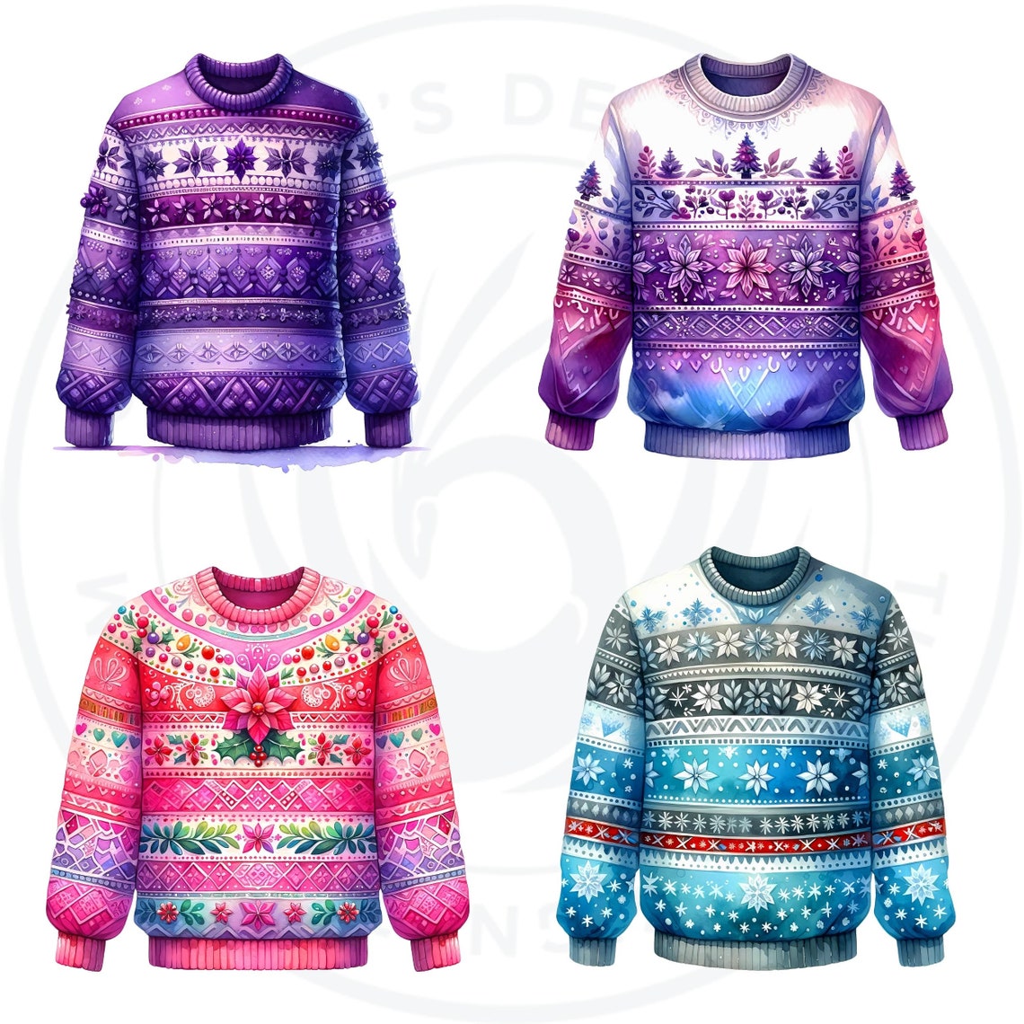 Watercolor Christmas Ugly Sweater Clipart: PNG Jumper Designs ...