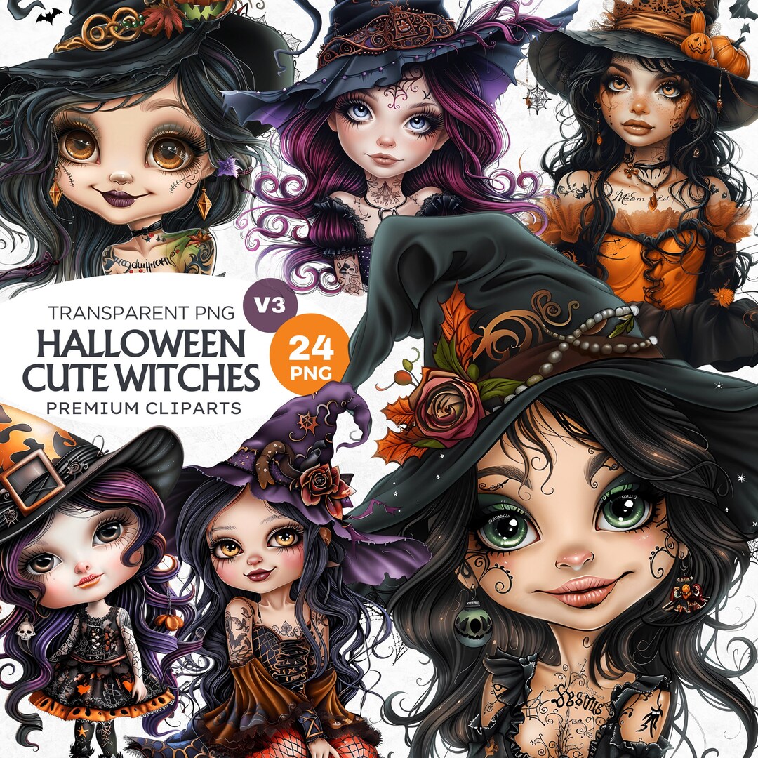 24 Halloween Cute Witch Clipart V3 | Victorian Halloween PNG Bundle ...