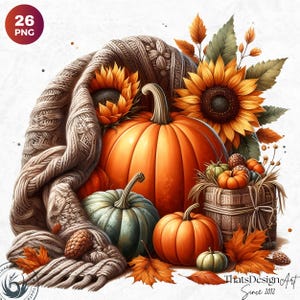 Autumn Pumpkin & Sunflower Clipart Set: Fall Harvest PNG, Thanksgiving ...