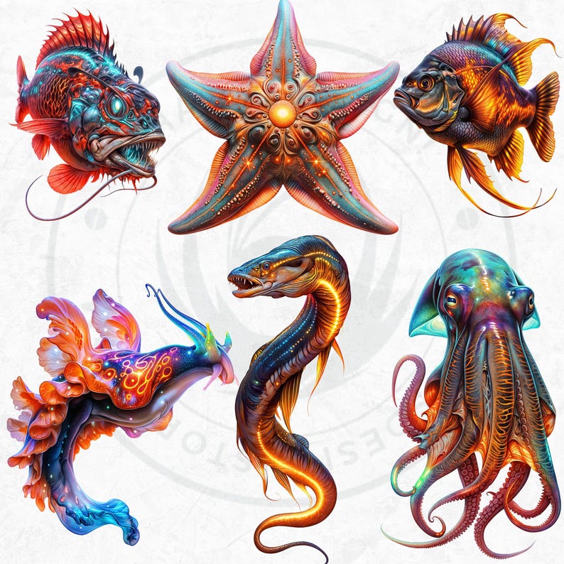 Bioluminescent Sea Animal Cliparts: Glowing Marine Life PNG (digital ...
