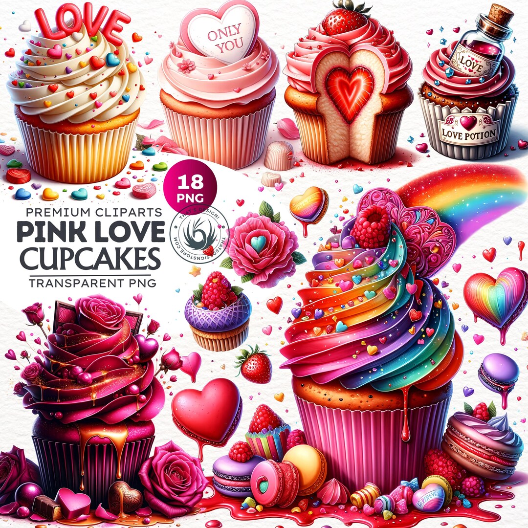 Pink Valentines Day Cupcake Clipart Set, Valentine Cupcake PNG ...
