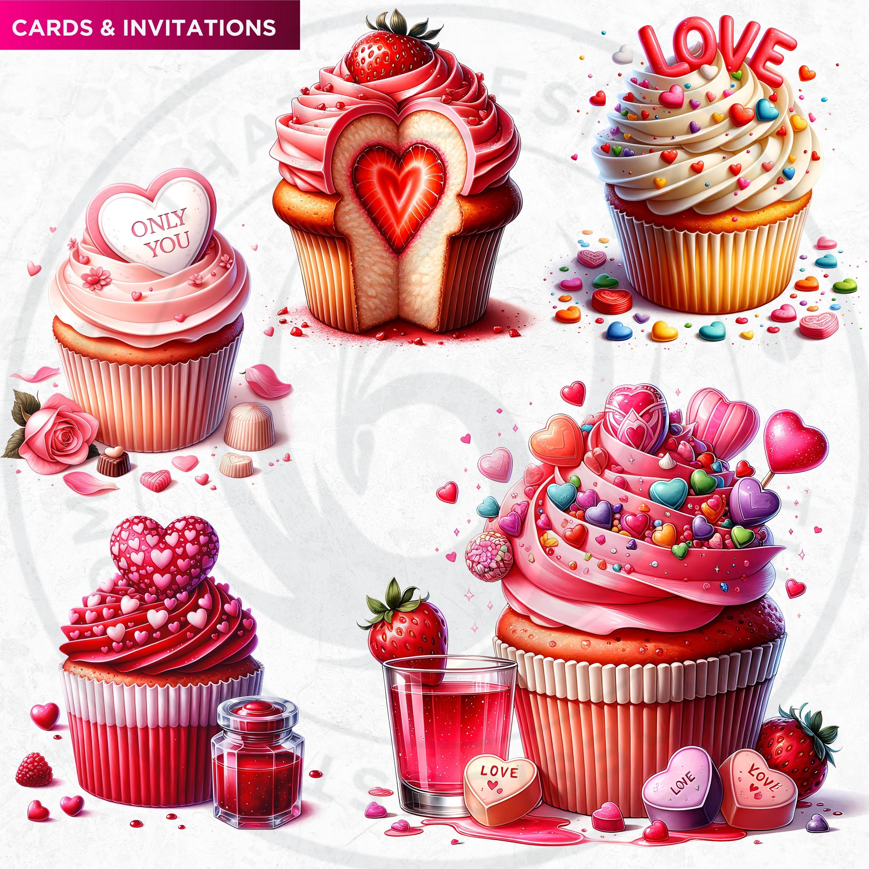 Valentine Cupcake Clipart Set: Pink Love Sweets (PNG, Commercial Use ...