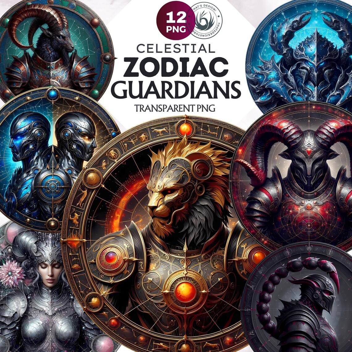 Celestial Zodiac Guardians Clipart Set: Fantasy Astrology PNG (digital ...