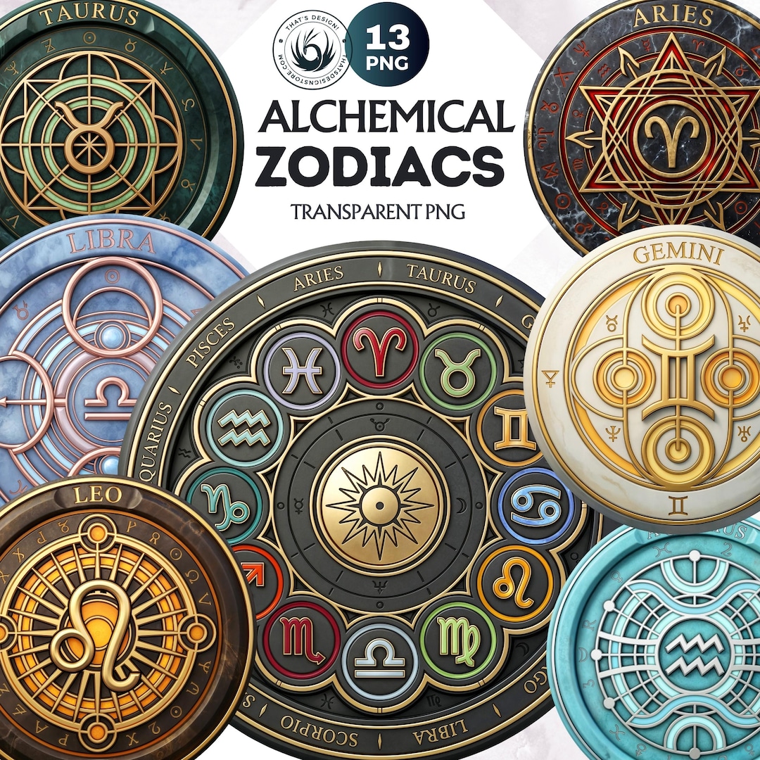 Alchemical Zodiac Clipart Bundle: Magic Horoscope Coin, Esoteric ...