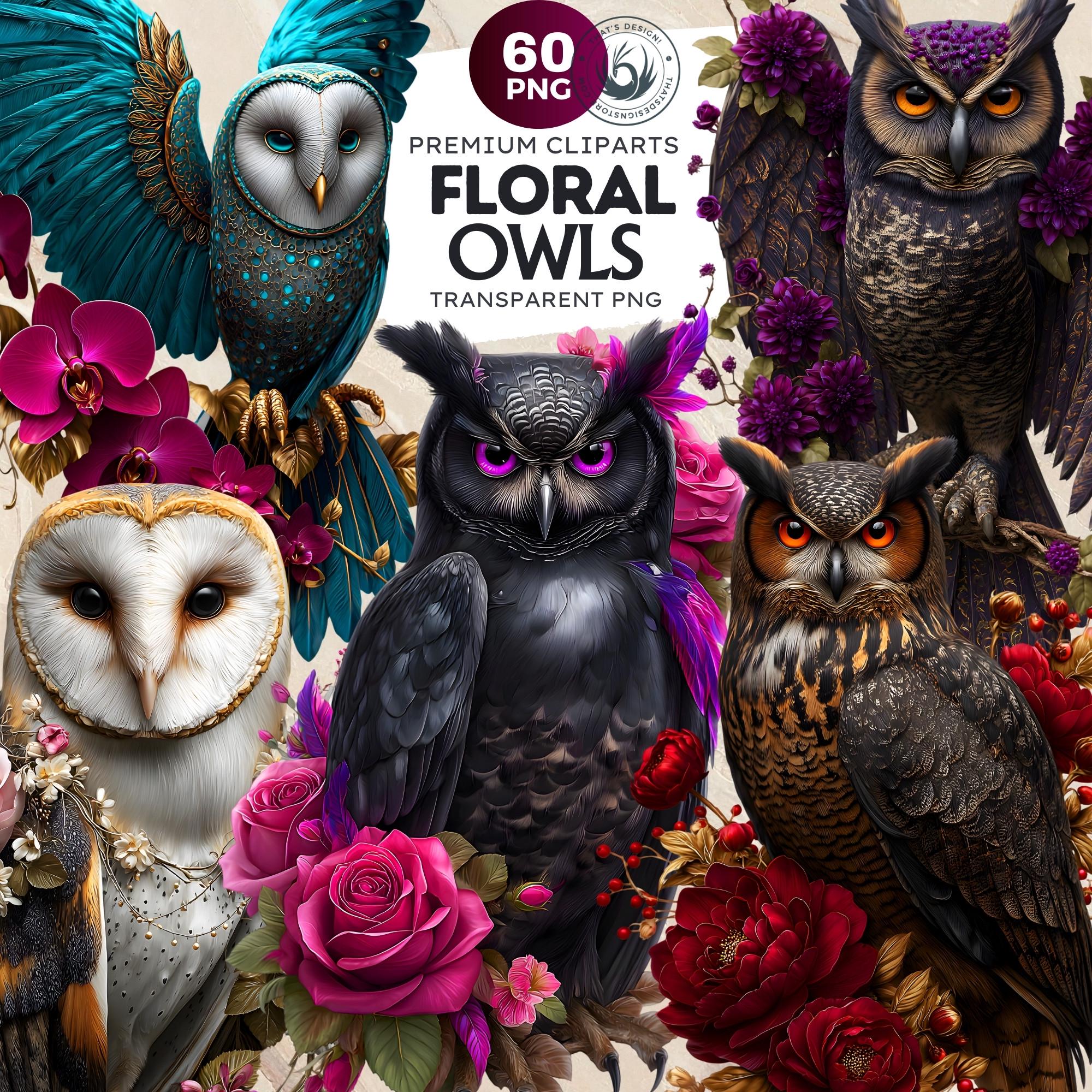 Floral Owls Clipart PNG, Fantasy Birds Graphics, Botanical Wildlife ...