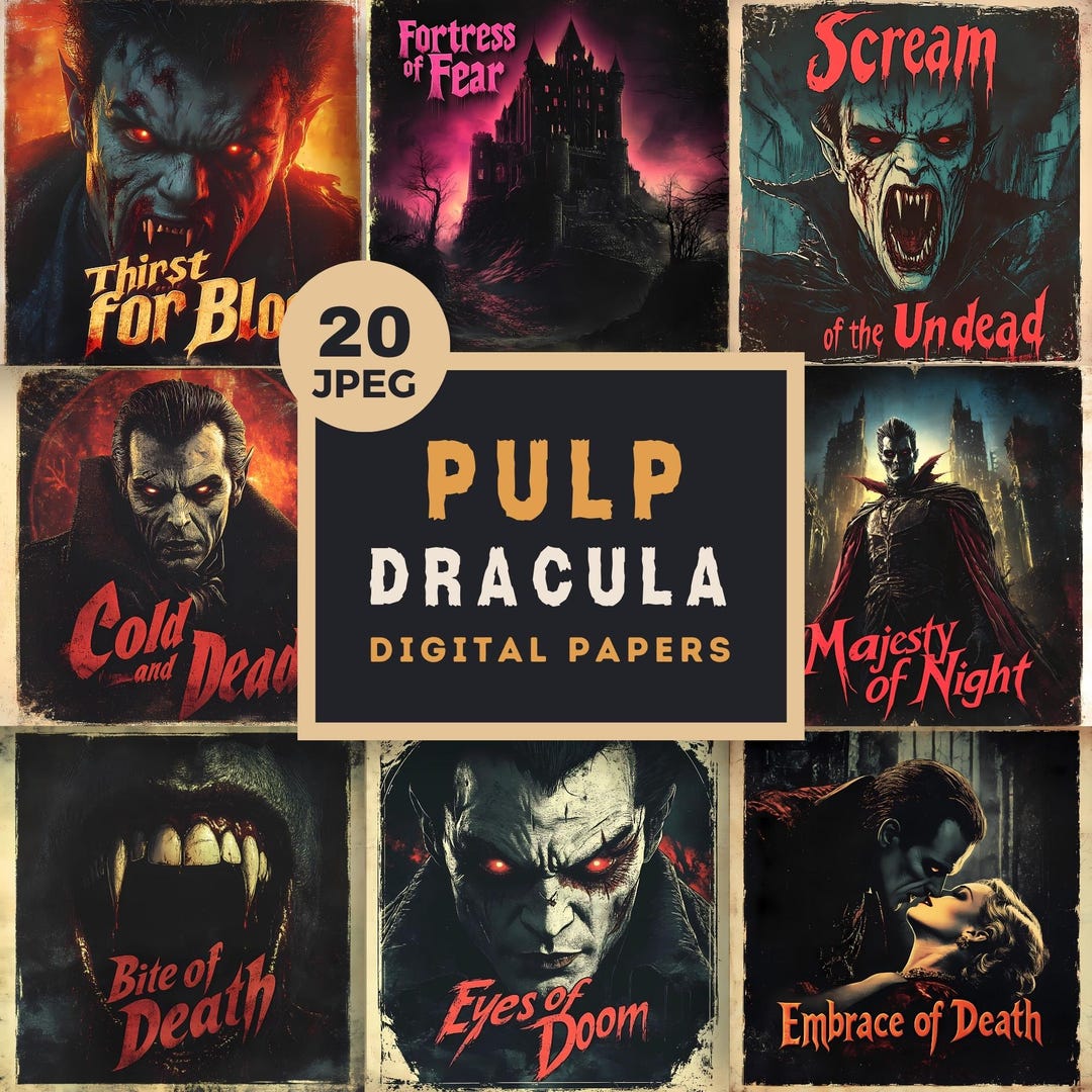 Pulp Dracula Digital Paper JPEG Set, Dracula Illustrations, Distressed ...