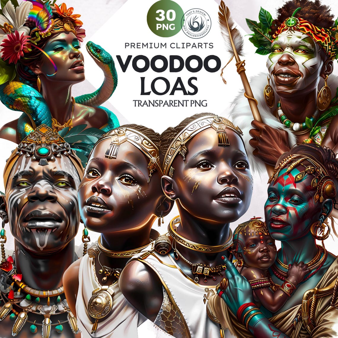 Voodoo Loas Clipart: African Deities, Tribal Rituals (PNG, Digital ...