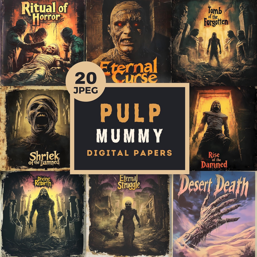 Pulp Mummy Digital Paper JPEG Set, Mummy Illustrations, Distressed ...