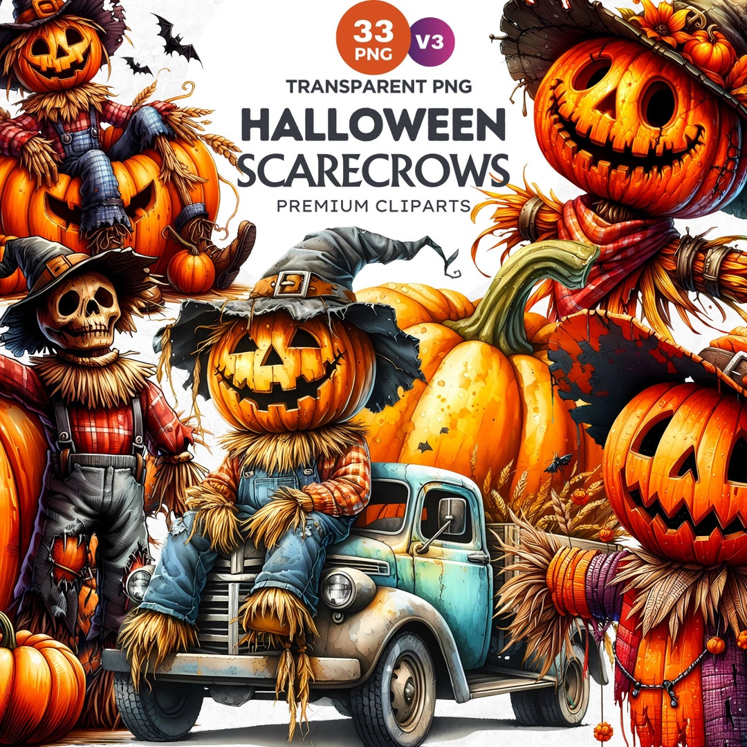 33 Scarecrows Clipart Set, Pumpkin Png, Halloween Clipart, Halloween ...
