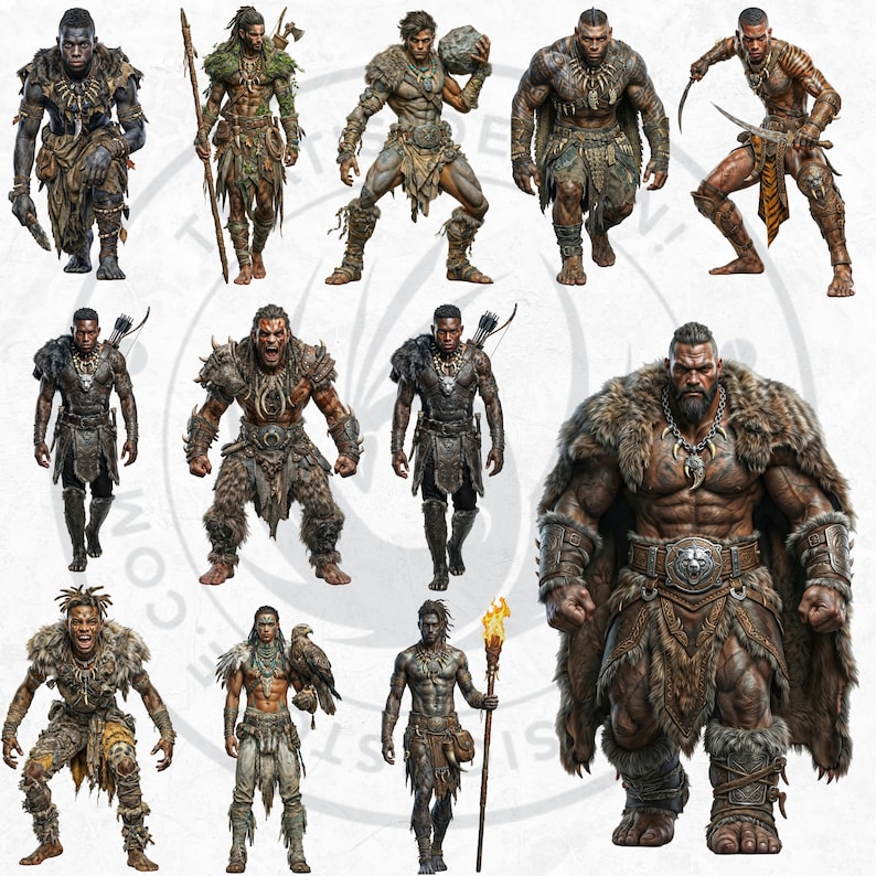 Primal Fantasy Characters Clipart Bundle: Tribal Warrior PNG, RPG ...